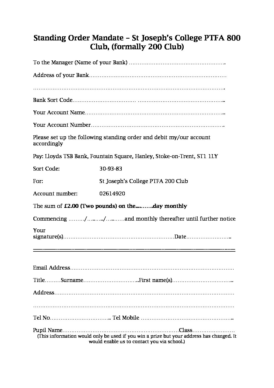 Parents-PTFA-Standing-Order-Mandate-800-Club | St Joseph's College